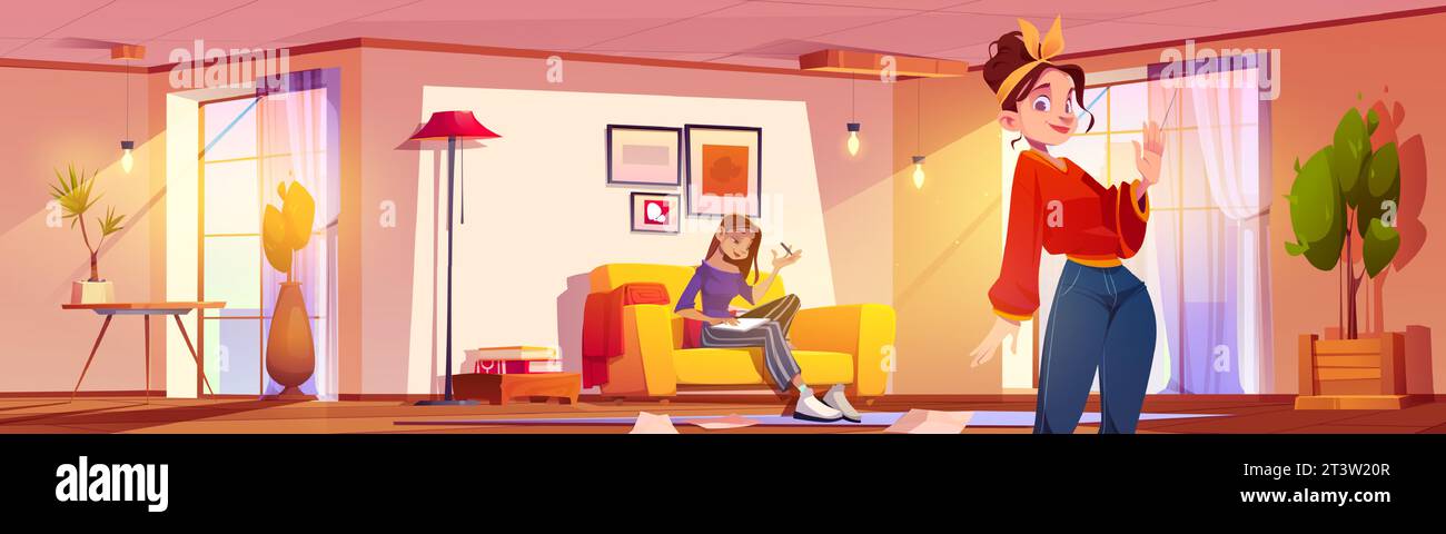 Female roommates in modern apartment. Vector cartoon illustration of ...