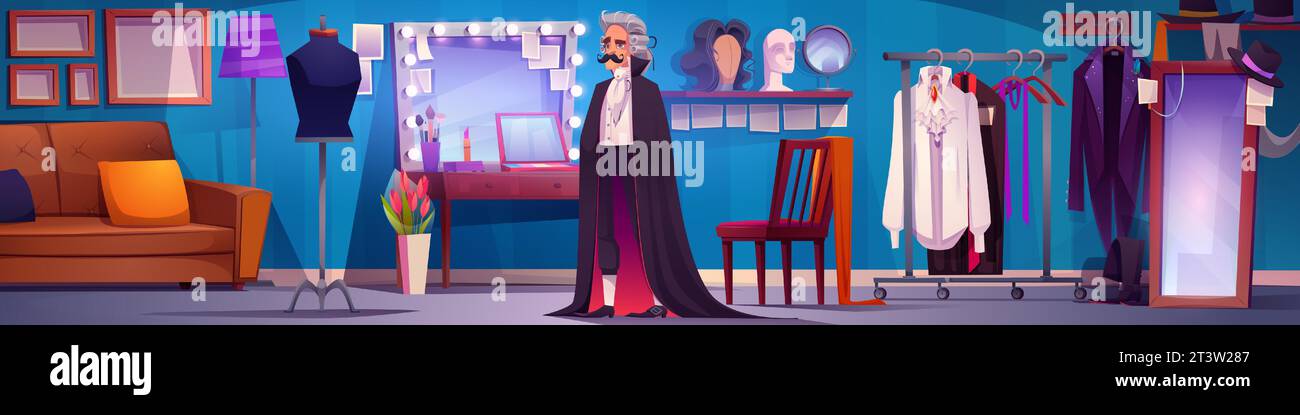 Man dress near mirror in backstage makeup room. Cartoon wardrobe ...