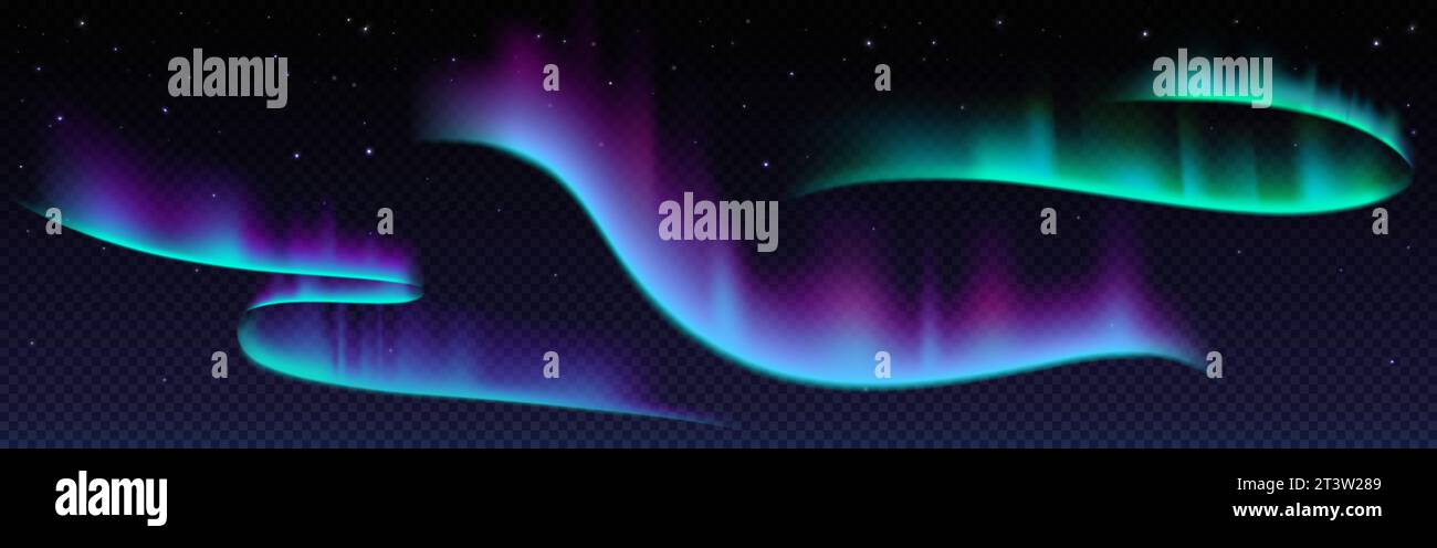 Northern lights with neon glowing effect on dark transparent background ...