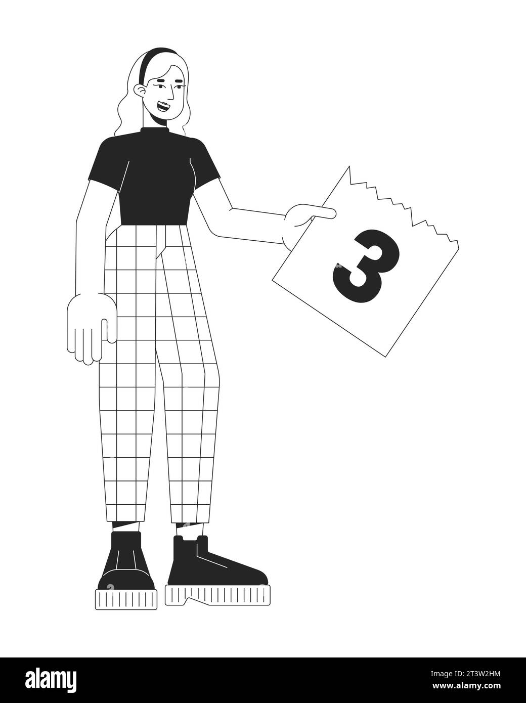 Caucasian woman with ripped out page calendar black and white 2D line ...