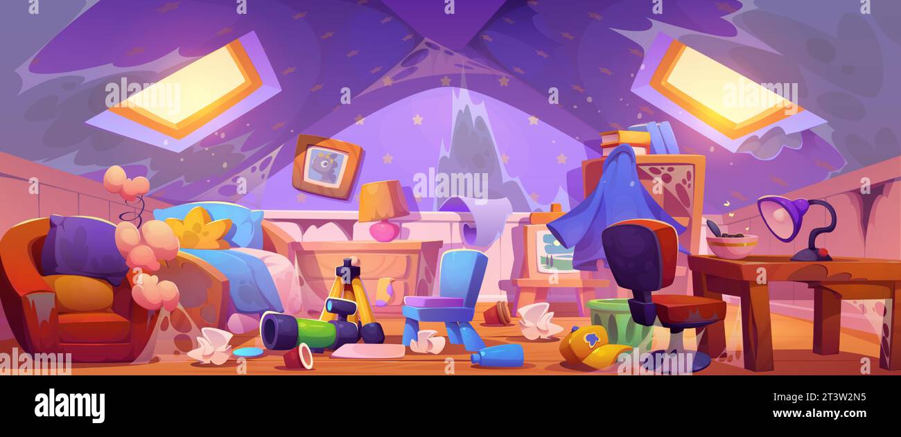 Messy untidy attic bedroom of child boy. Cartoon playroom with chaos ...