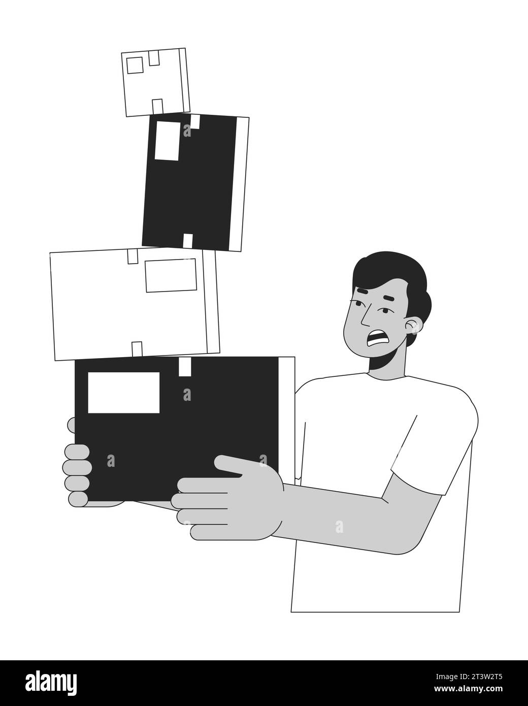 Troubled indian guy carrying unsteady cardboard boxes black and white 2D line cartoon character ...