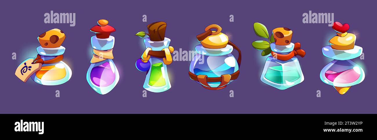 Magic elixir in bottle, fantasy potion flask icon set. Cartoon vial ui ...