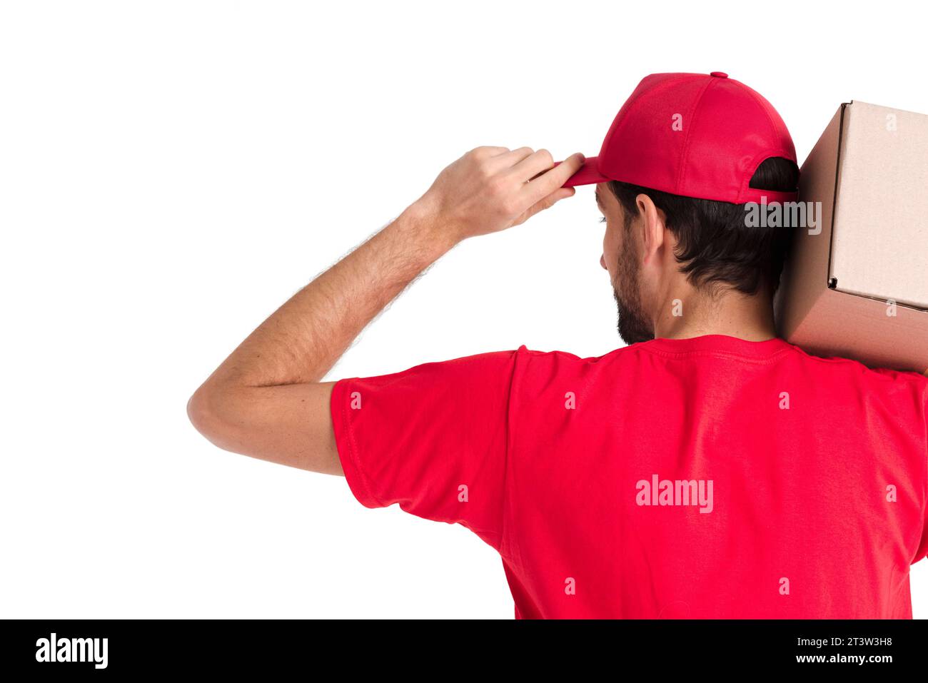 Standing courier man holding box cap from back shot close up Stock ...
