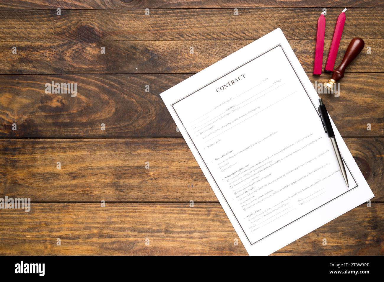 Top view contract with stamp red wax Stock Photo - Alamy