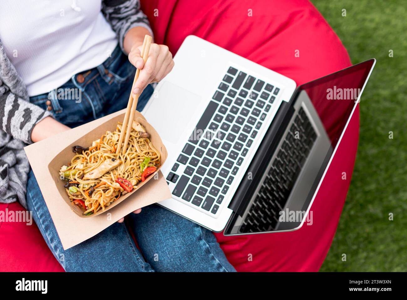 Top view laptop fast food park Stock Photo - Alamy