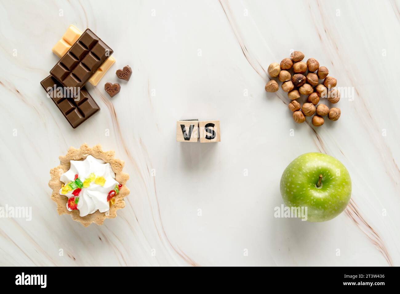 Unhealthy creamy tart chocolate vs healthy hazelnut apple texture ...