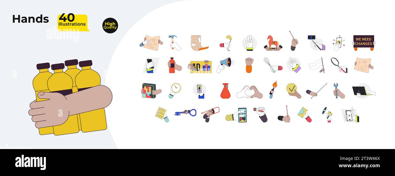 Hands doing things linear cartoon character hands illustration bundle ...