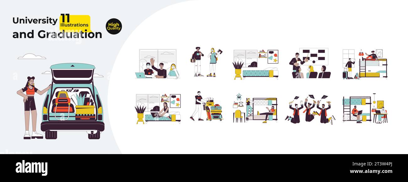 University student college life line cartoon flat illustration bundle ...