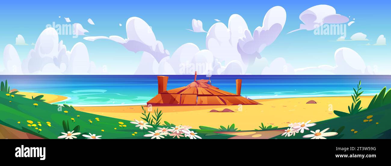 Wooden pier on summer beach. Vector cartoon illustration of sandy ...