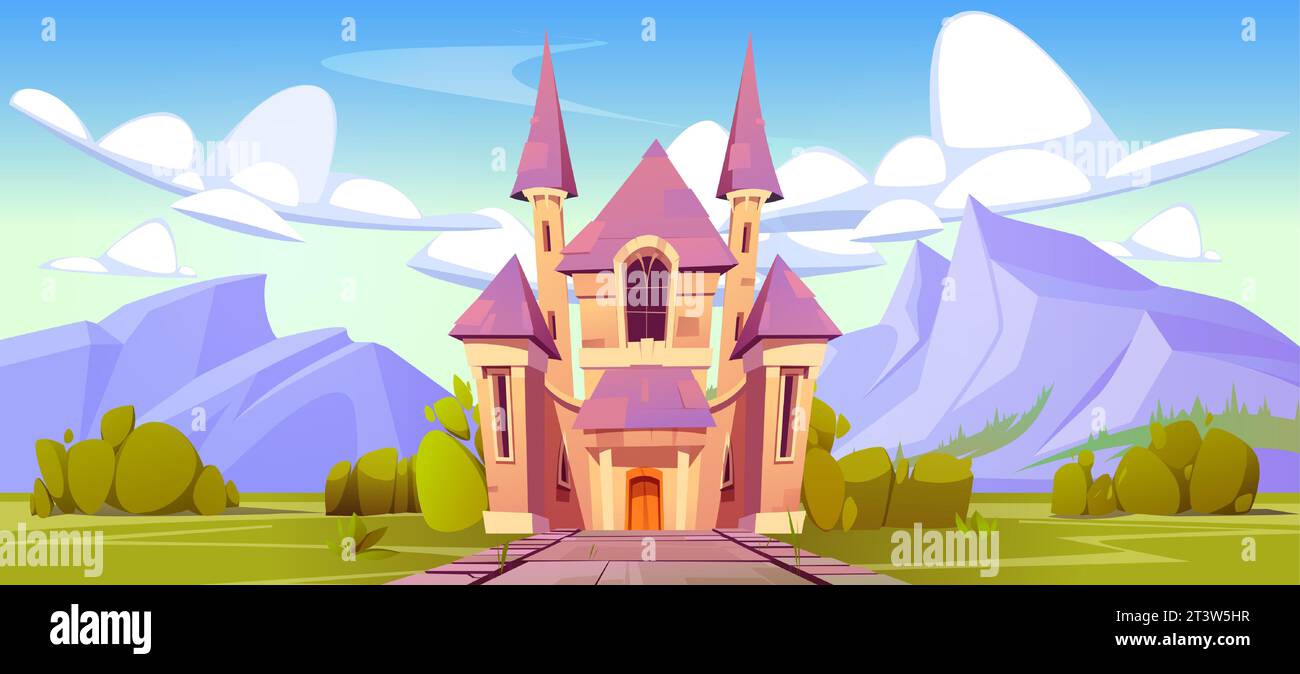 Fairytale royal castle in meadow near rocky mountains. Cartoon vector ...