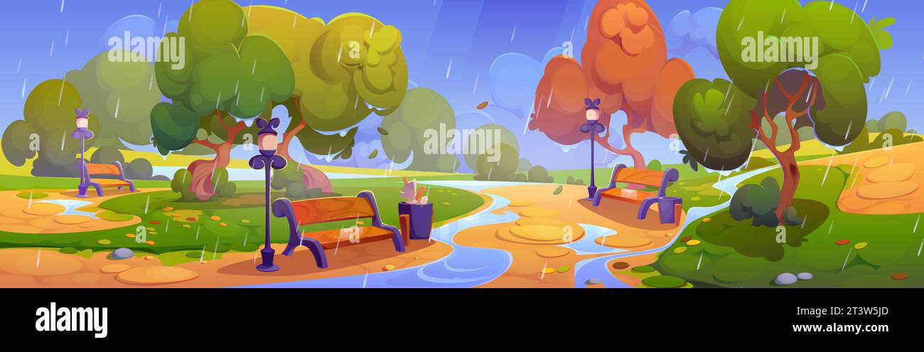 Rainy day in park view Stock Vector Images - Alamy