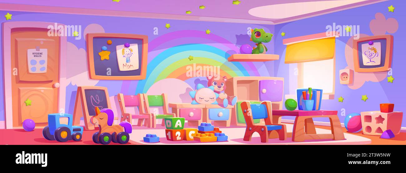 Kindergarten classroom interior in school cartoon background. Kid room ...