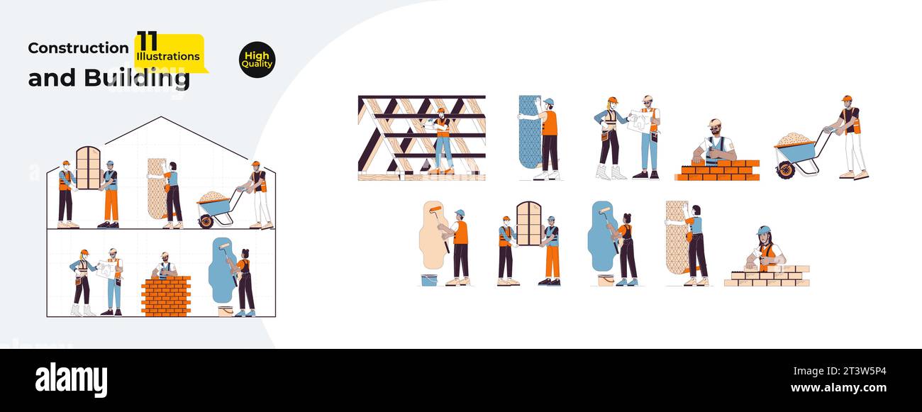 Home construction site line cartoon flat illustration bundle Stock ...