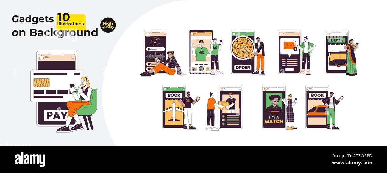 Using Mobile Apps 2d Linear Illustration Concept Bundle Stock Vector Image And Art Alamy