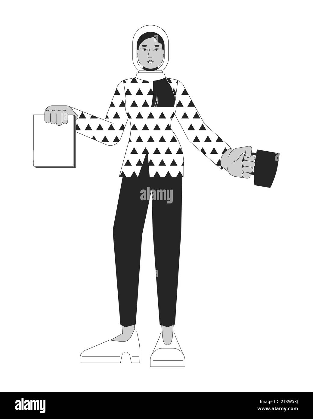Muslim hijab woman holding documents, cup black and white 2D line ...