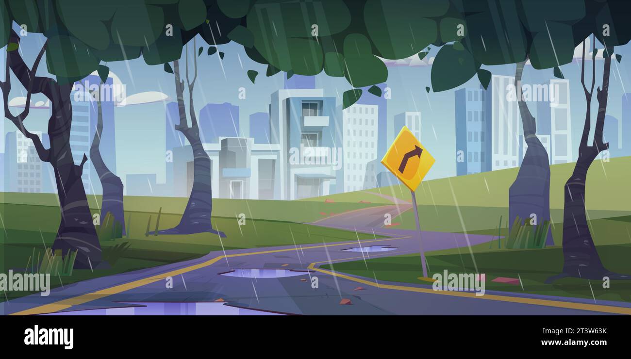 Winding road to city with sign, woods and grass in rain. Cartoon vector ...