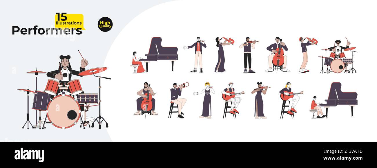 Musicians people diverse line cartoon flat illustration bundle Stock ...
