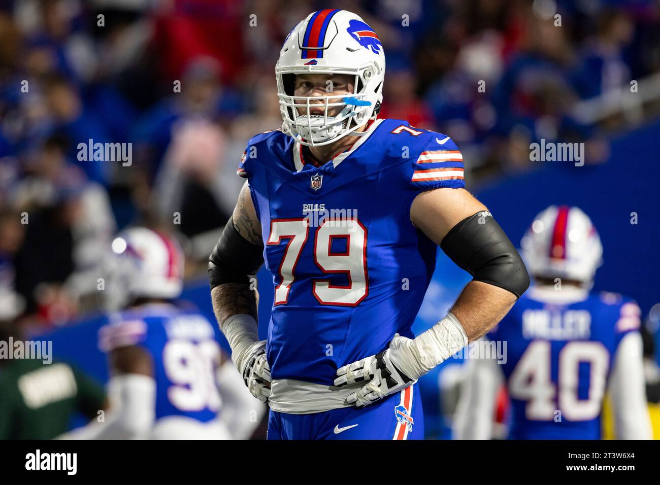 Buffalo Bills offensive tackle Spencer Brown (79) looks on before an ...