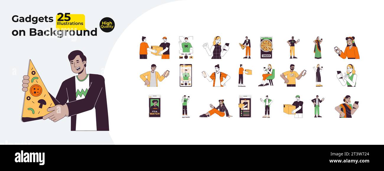 Mobile app users line cartoon flat illustration bundle Stock Vector ...