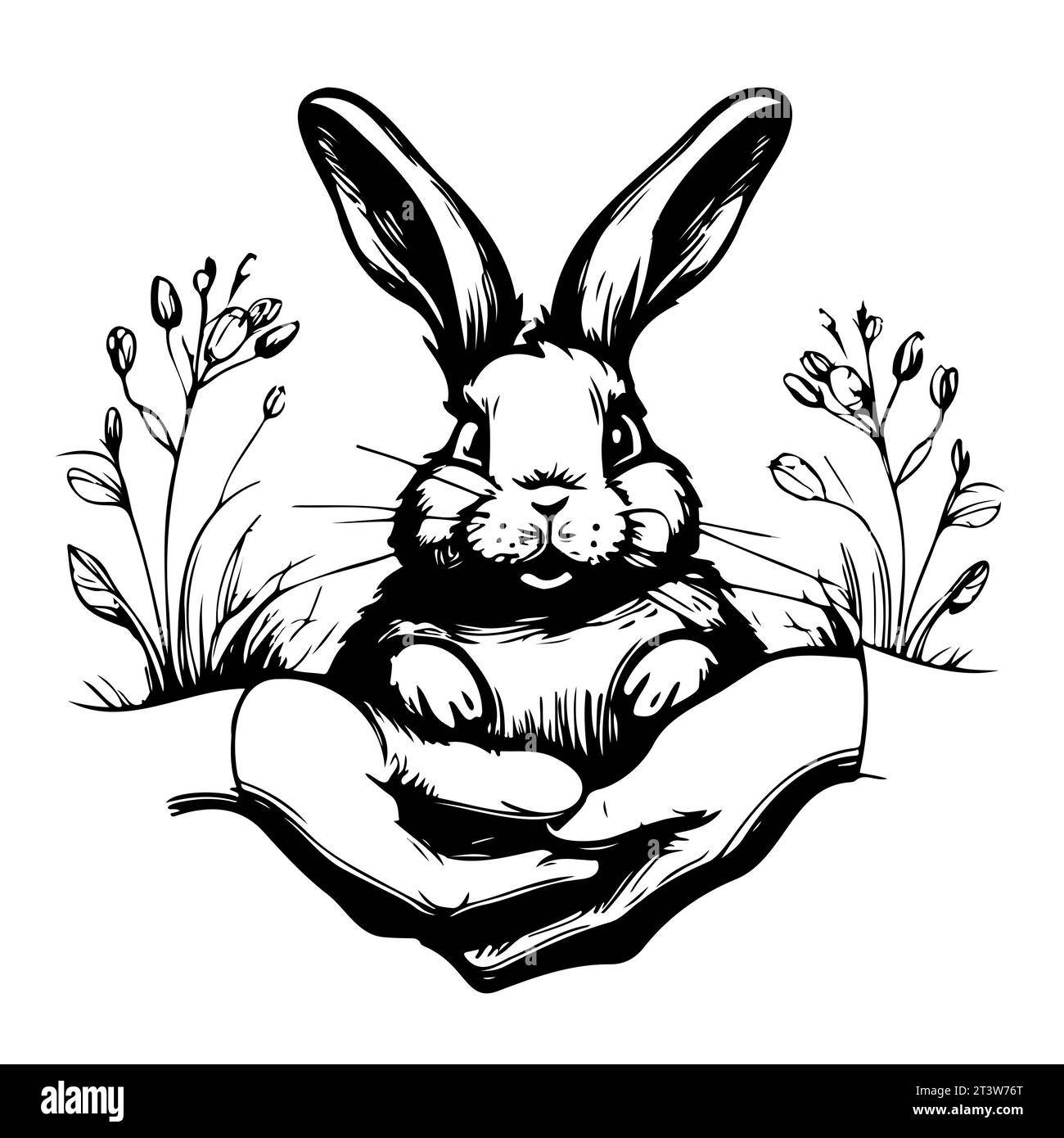 Hand drawn sketch Happy Easter. Engraving bunny on white background ...