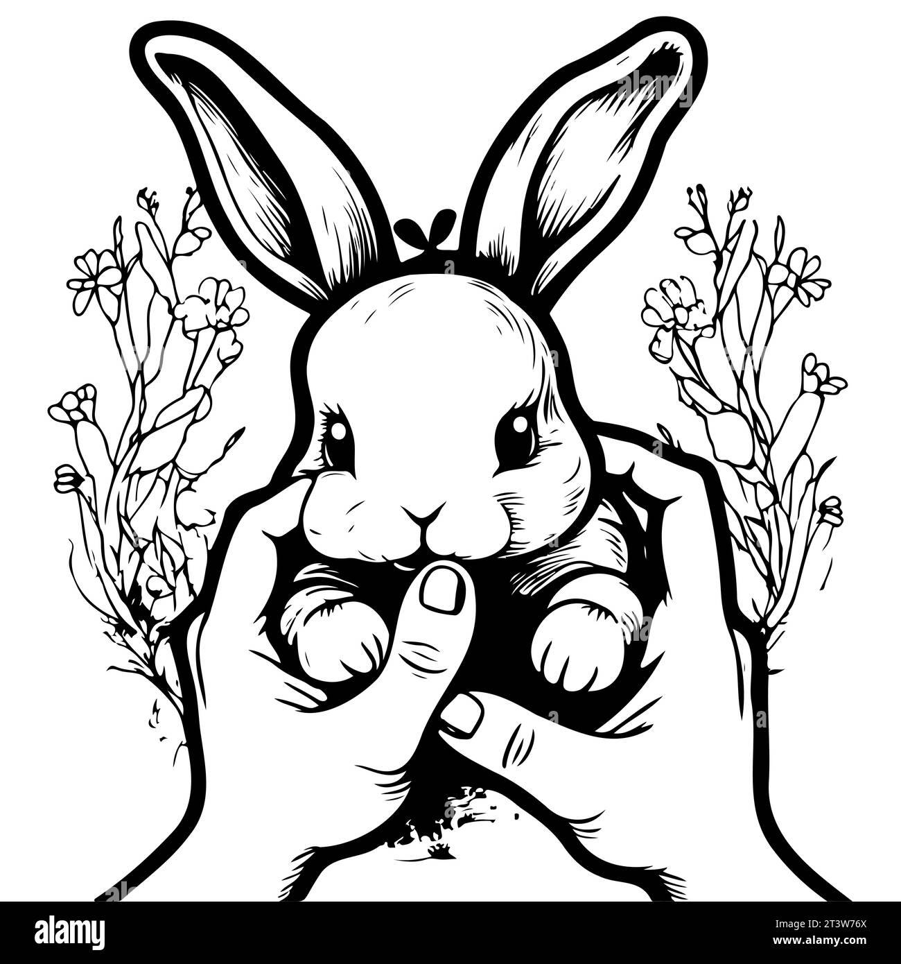 hand drawn sketch A little girl holding a rabbit in her hands. Drawing ...