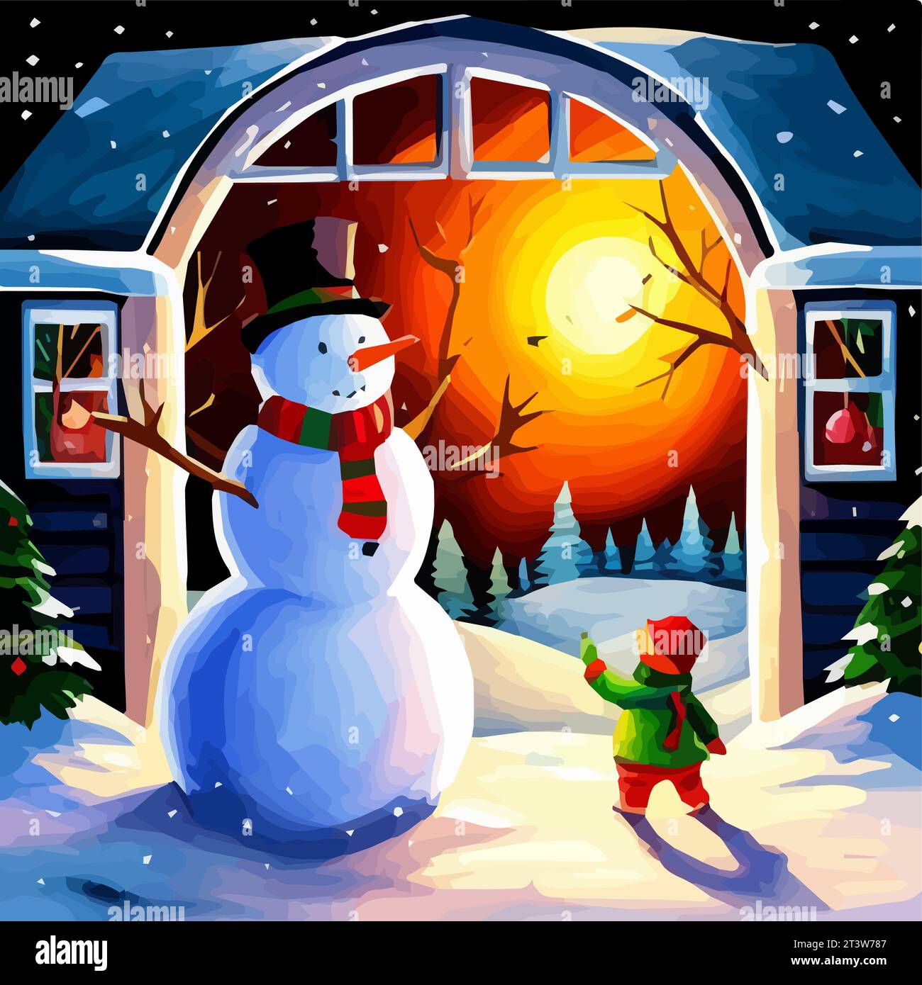 snowman stands at door at Christmas Eve. Outdoor entrance with snowman ...