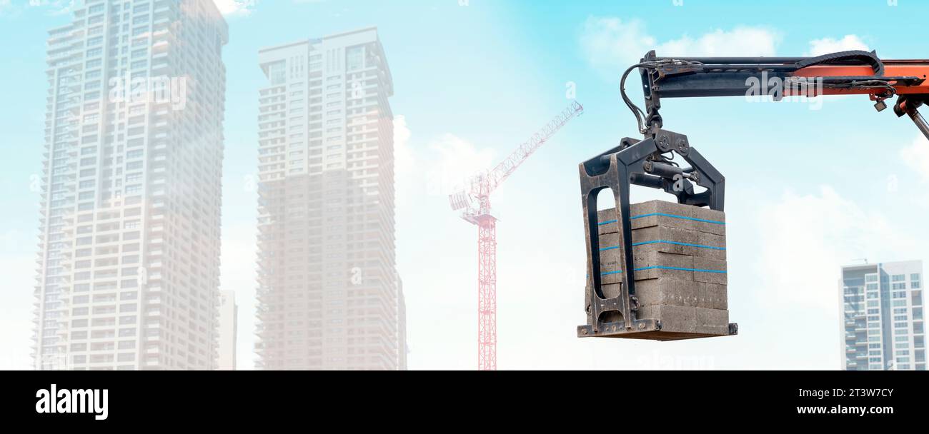 Future building construction engineering project. Delivering bricks and ...