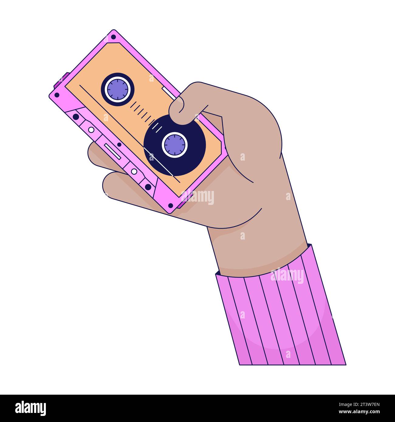 Retro 80s cassette holding linear cartoon character hand illustration ...