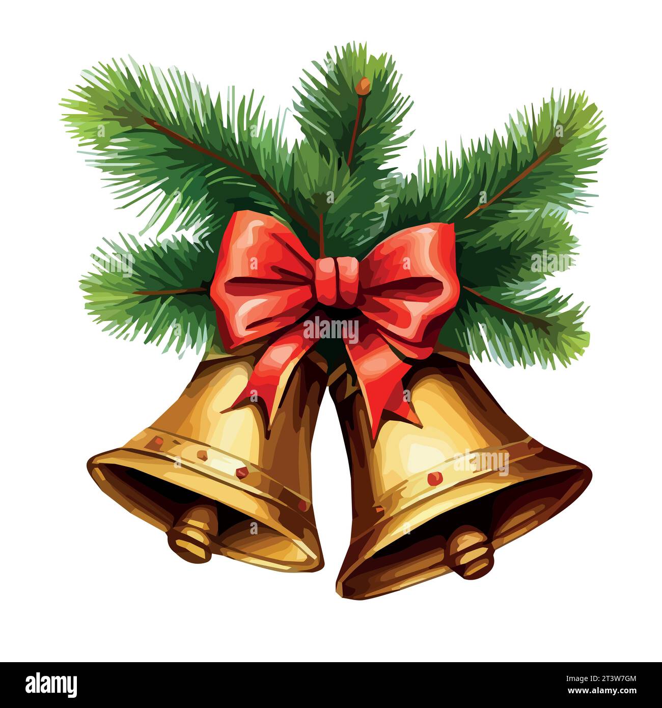 gold Jingle bells with red bow, firry, and holly leaves and berries ...