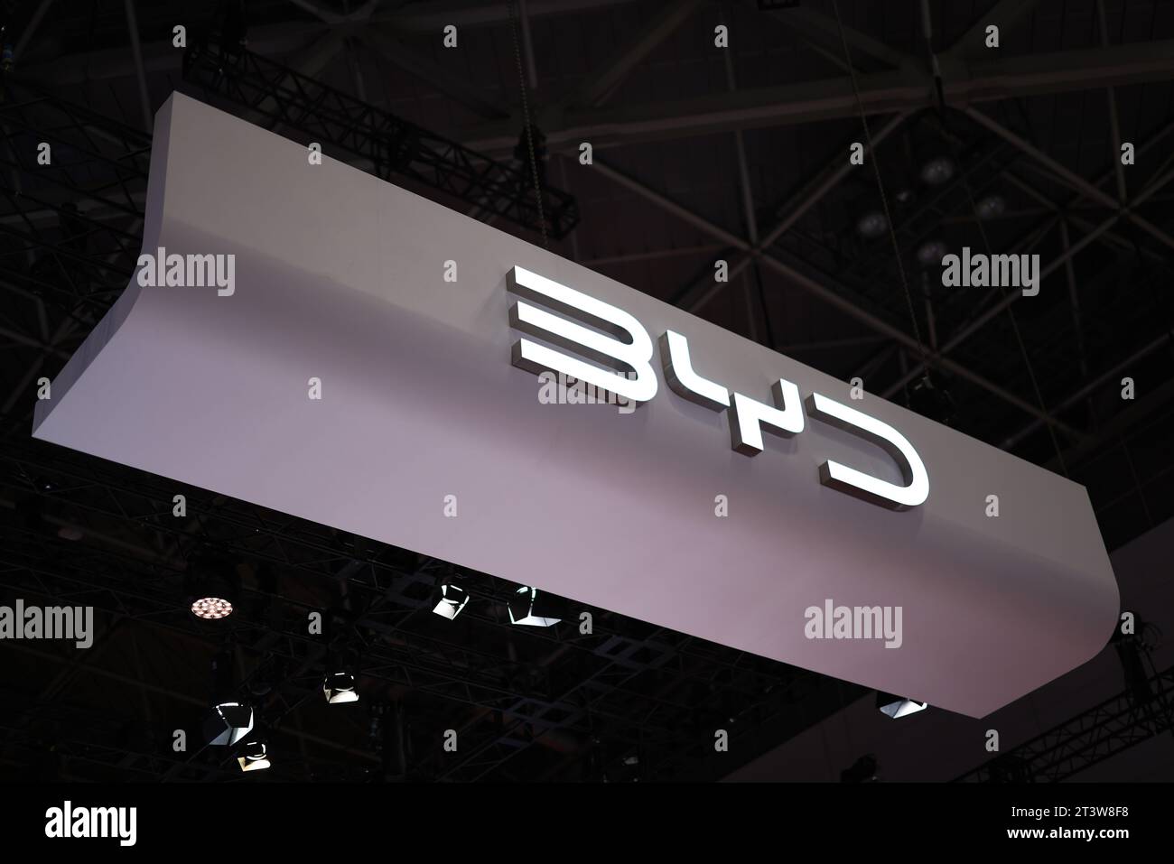 Tokyo, Japan. 25th Oct, 2023. Chinese car manufacturer BYD logo above ...
