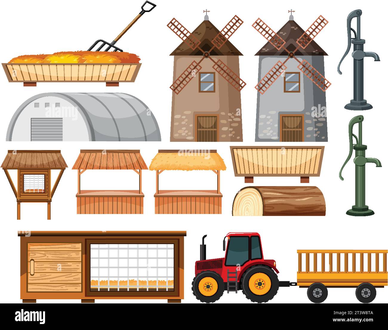 A delightful cartoon illustration of a farm with various objects and ...