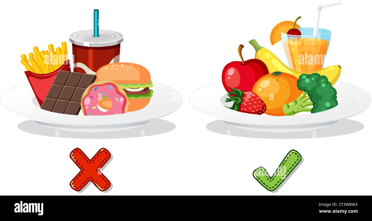 Comparison of Healthy Food vs Unhealthy Junk Food illustration Stock ...