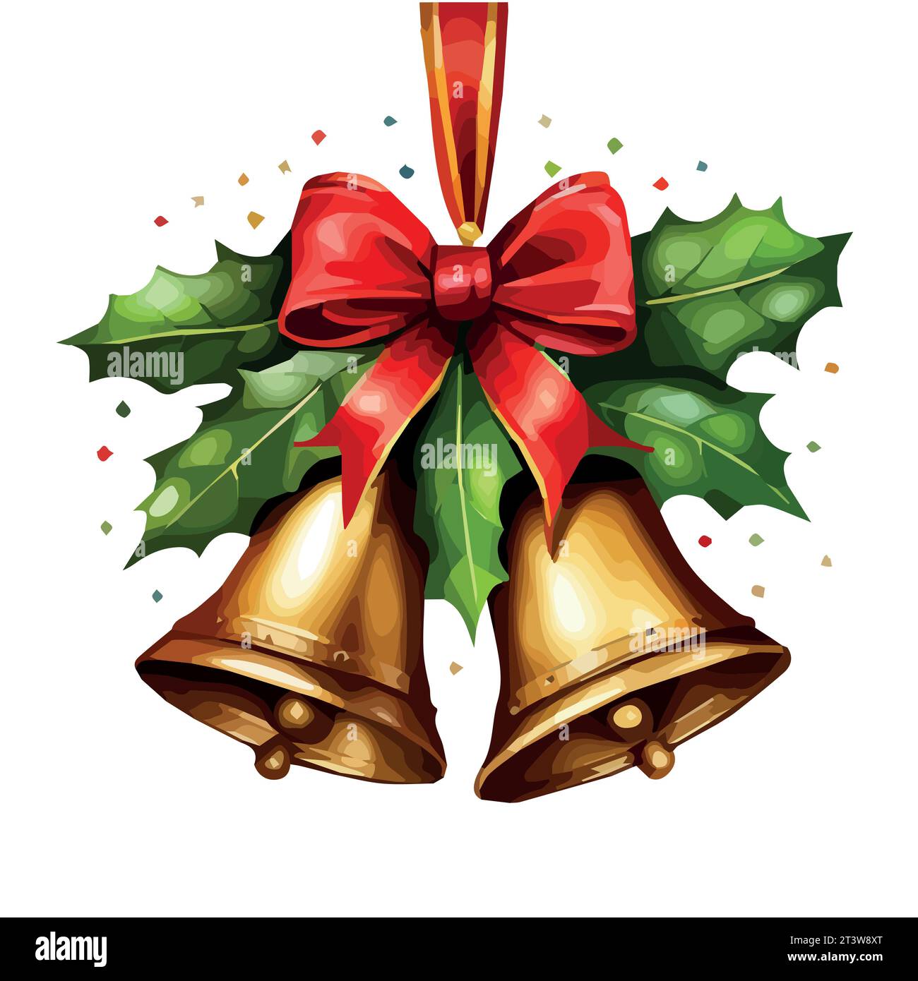 gold Jingle bells with red bow, firry, and holly leaves and berries ...
