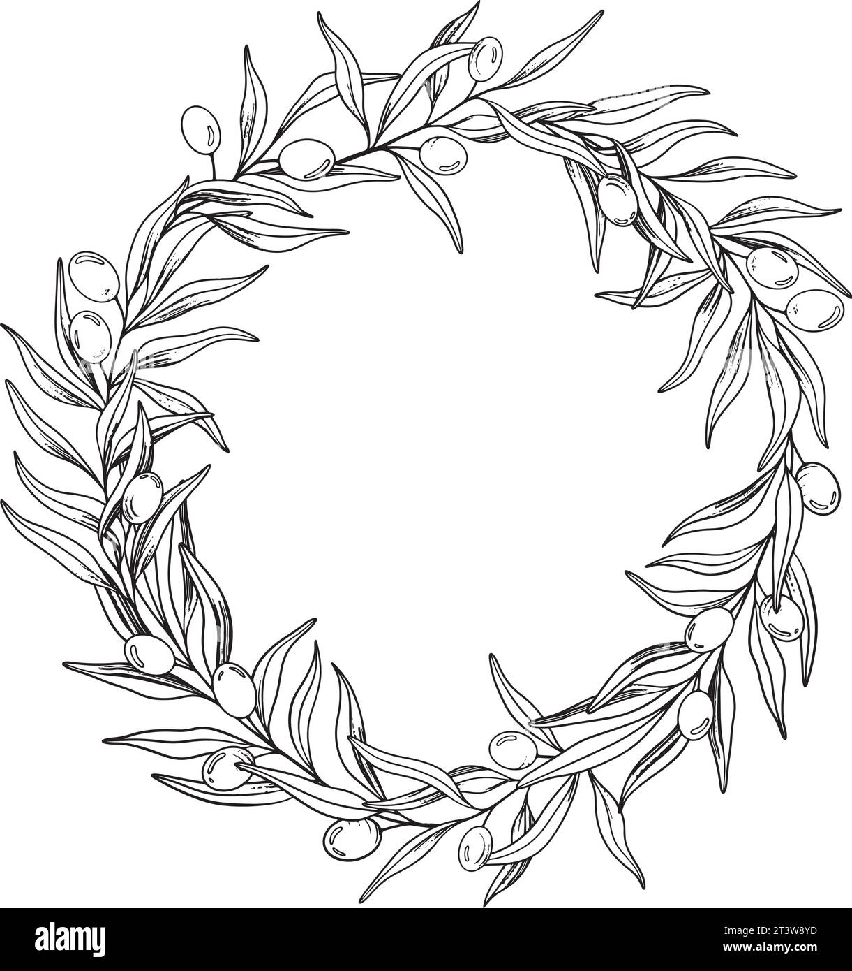 Sketch Wreath of olive branch with berries and leaves. Hand drawn ...