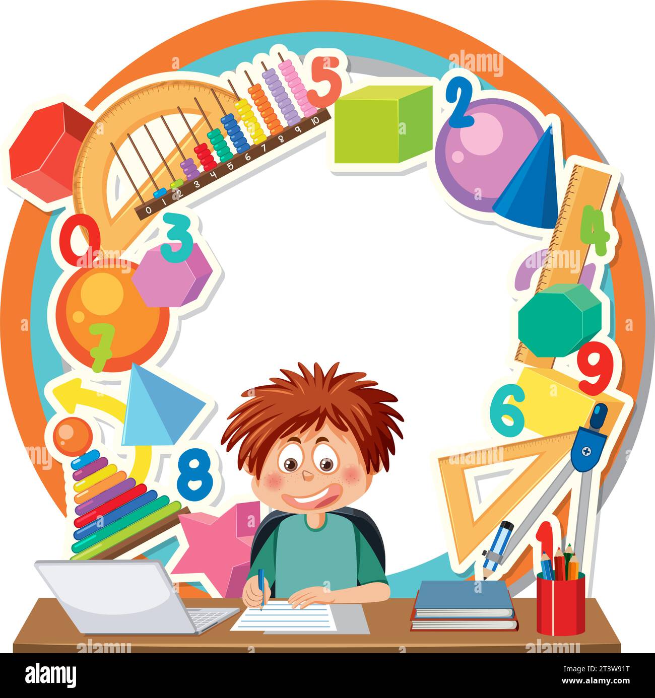 Vector cartoon illustration of a boy studying math with learning tools ...
