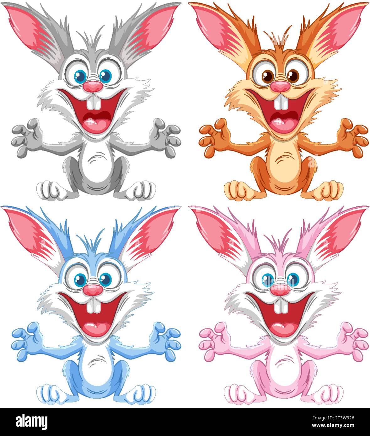 Four cartoon rabbits jump with scary smiles in a vector illustration ...
