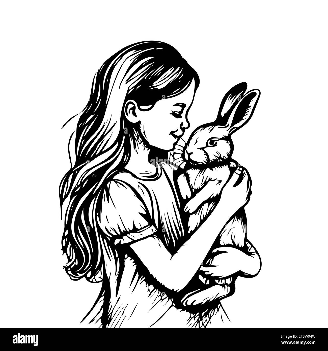 hand drawn sketch A little girl holding a rabbit in her hands. Drawing ...