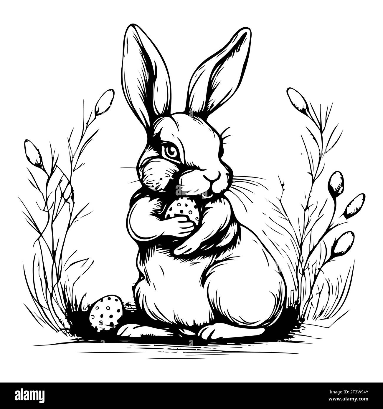 Hand drawn sketch Happy Easter. Engraving bunny on white background ...