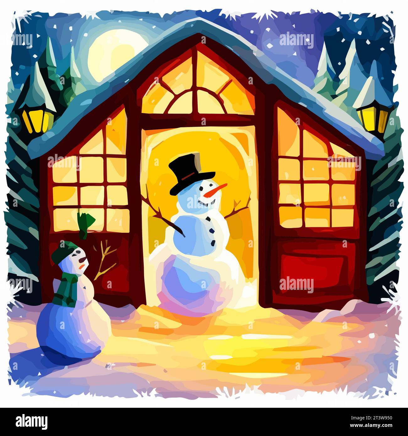snowman stands at door at Christmas Eve. Outdoor entrance with snowman ...
