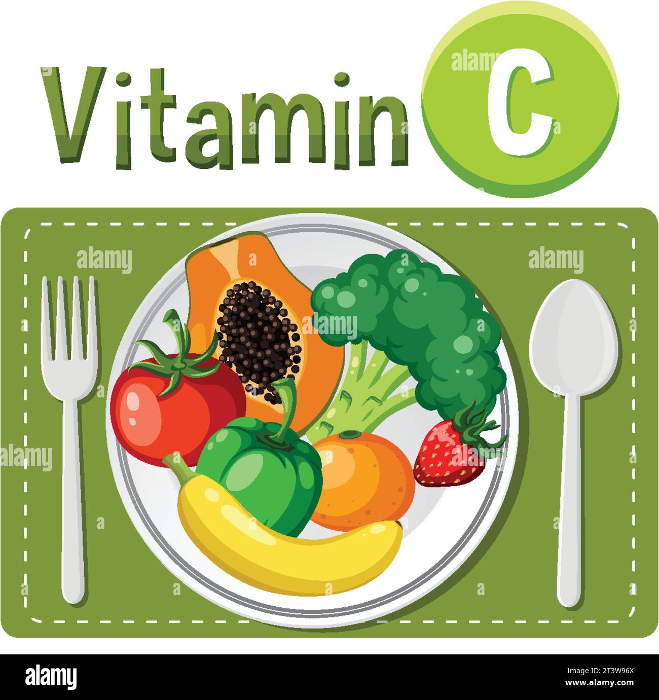 Colorful cartoon illustration showcasing vitamin C-rich foods for ...