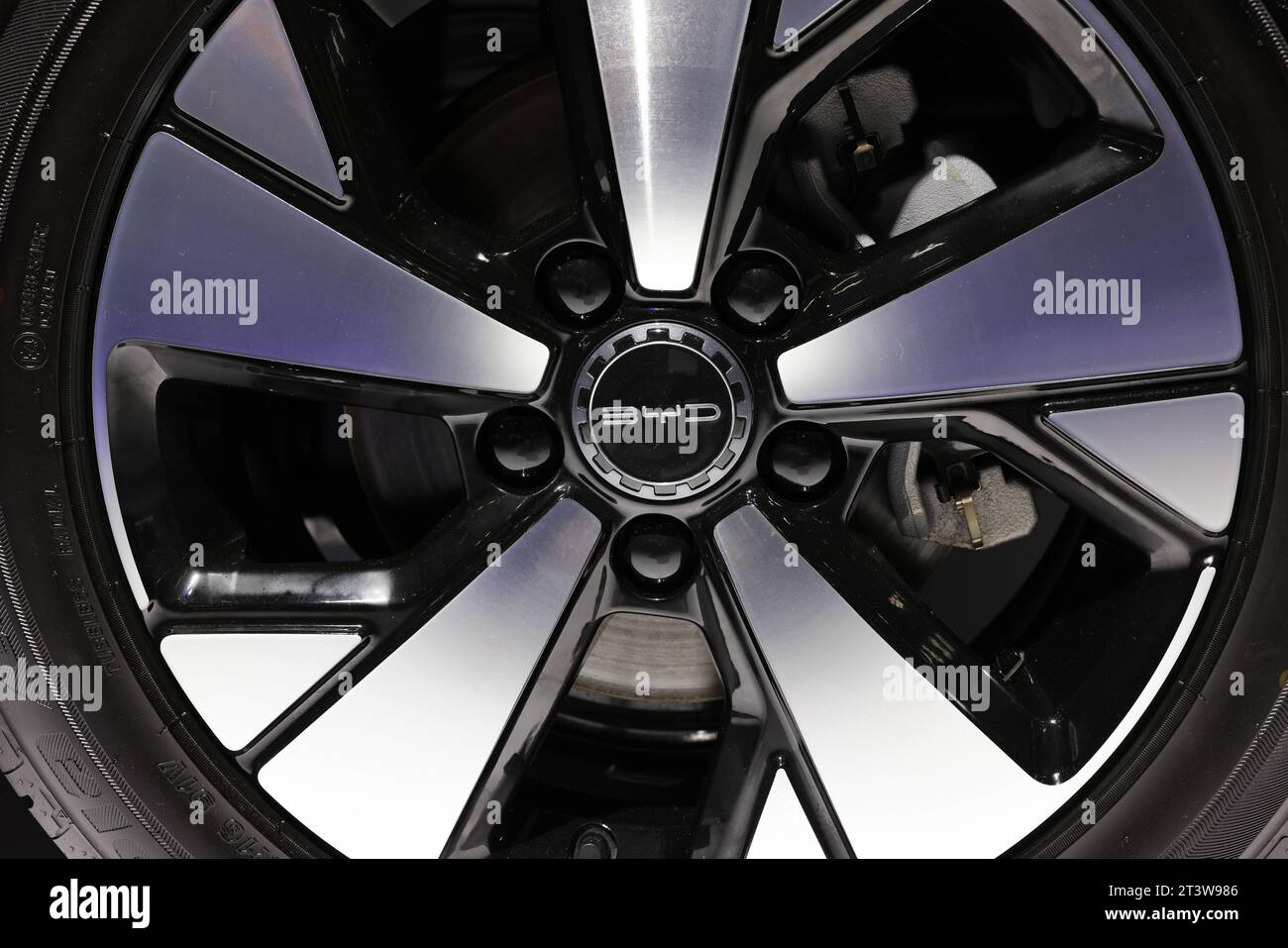 Tokyo, Japan. 25th Oct, 2023. BYD logo on a wheel of BYD ATTO 3 on ...