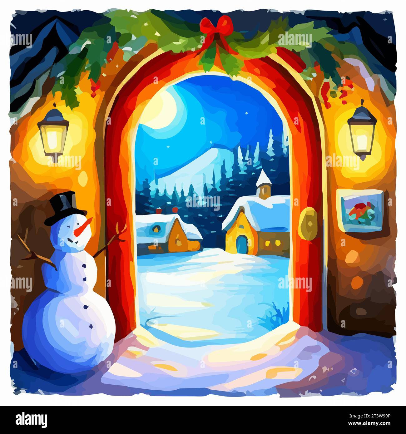 snowman stands at door at Christmas Eve. Outdoor entrance with snowman ...