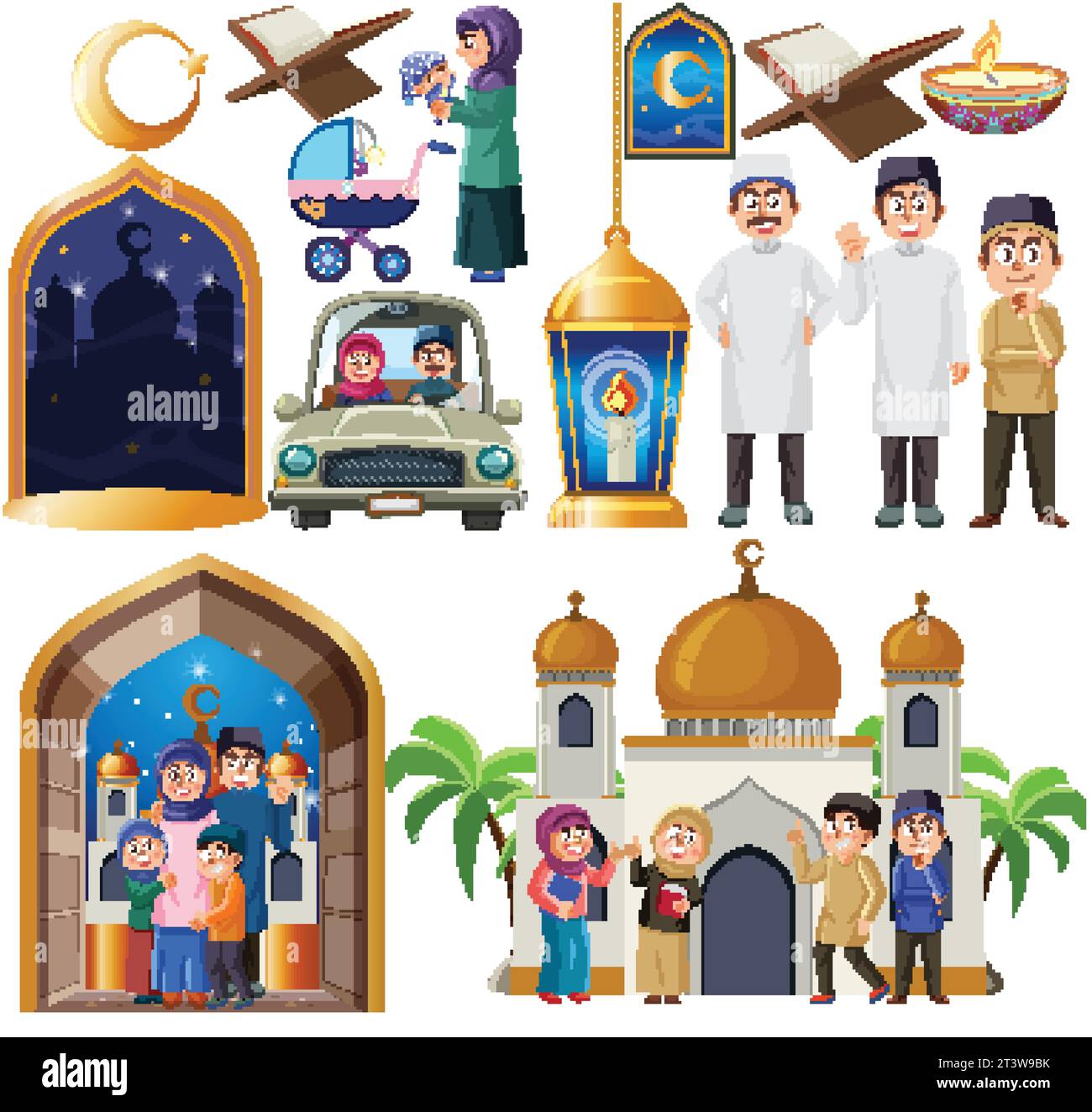 Vector cartoon characters and religious elements in a Muslim-themed ...