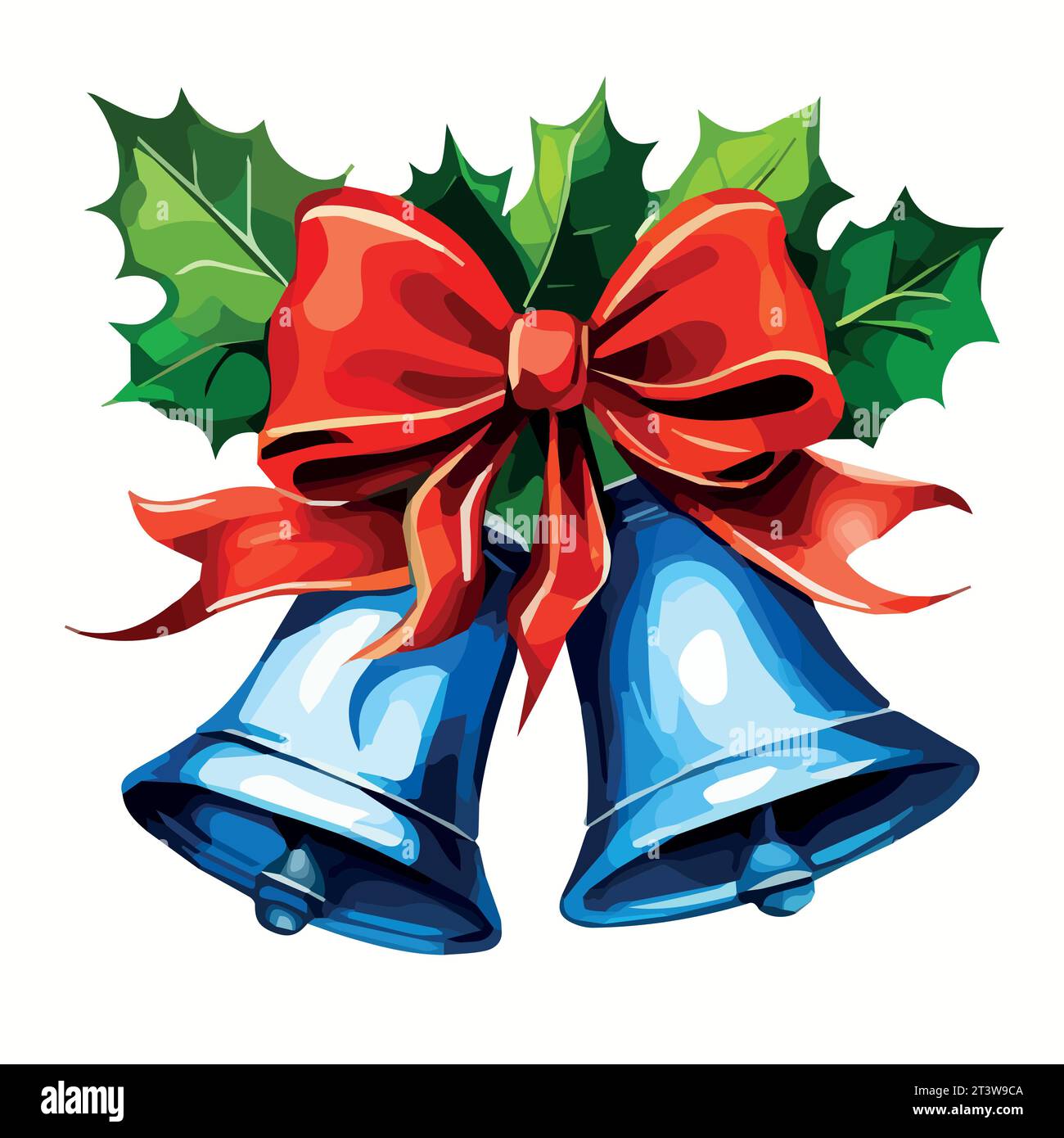 gold Jingle bells with red bow, firry, and holly leaves and berries ...