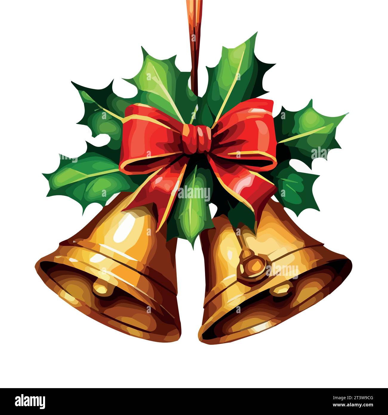 gold Jingle bells with red bow, firry, and holly leaves and berries ...