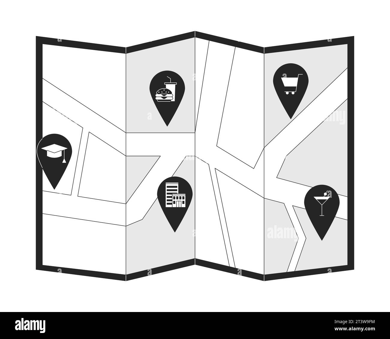 Neighborhood Map With Pinpoints Black And White 2d Line Cartoon Object Stock Vector Image And Art