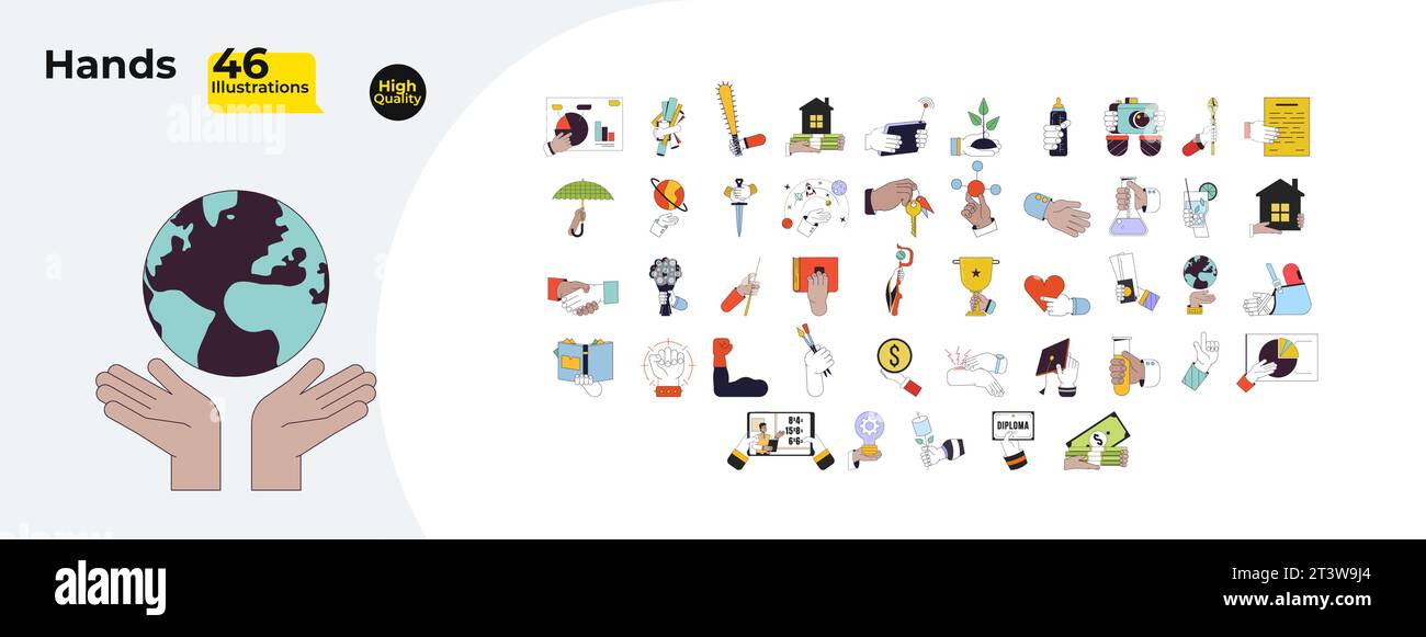 Hands doing different things linear cartoon character hands ...