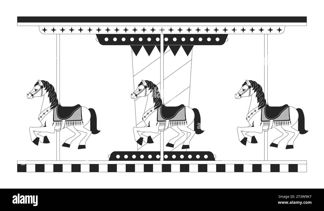 Kids carousel merry go round black and white 2D line cartoon object ...