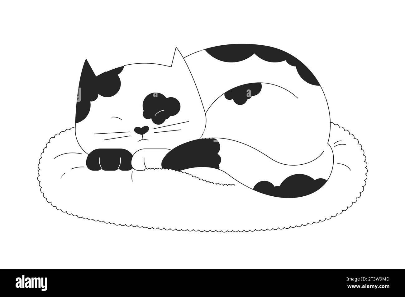 Lazy spotted cat sleeping on pillow black and white 2D line cartoon ...
